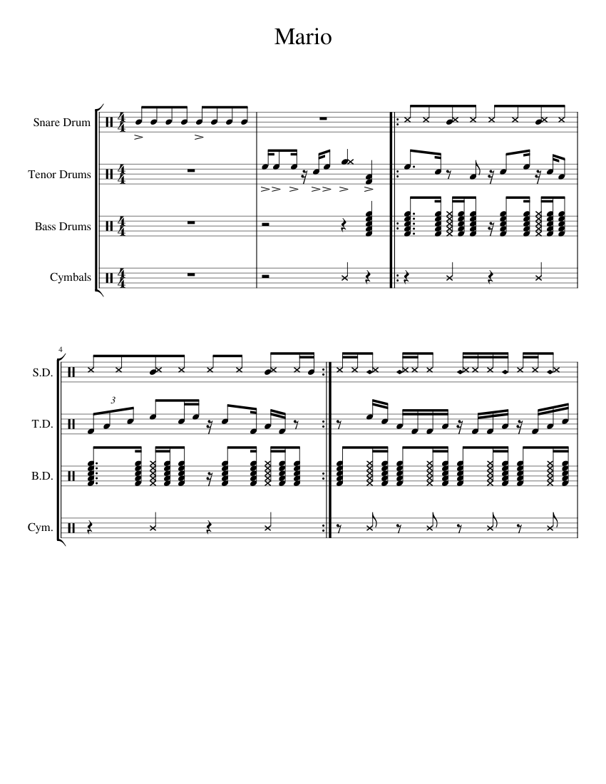 Mario Sheet music for Snare drum, Crash, Tenor drum, Bass drum (Mixed ...