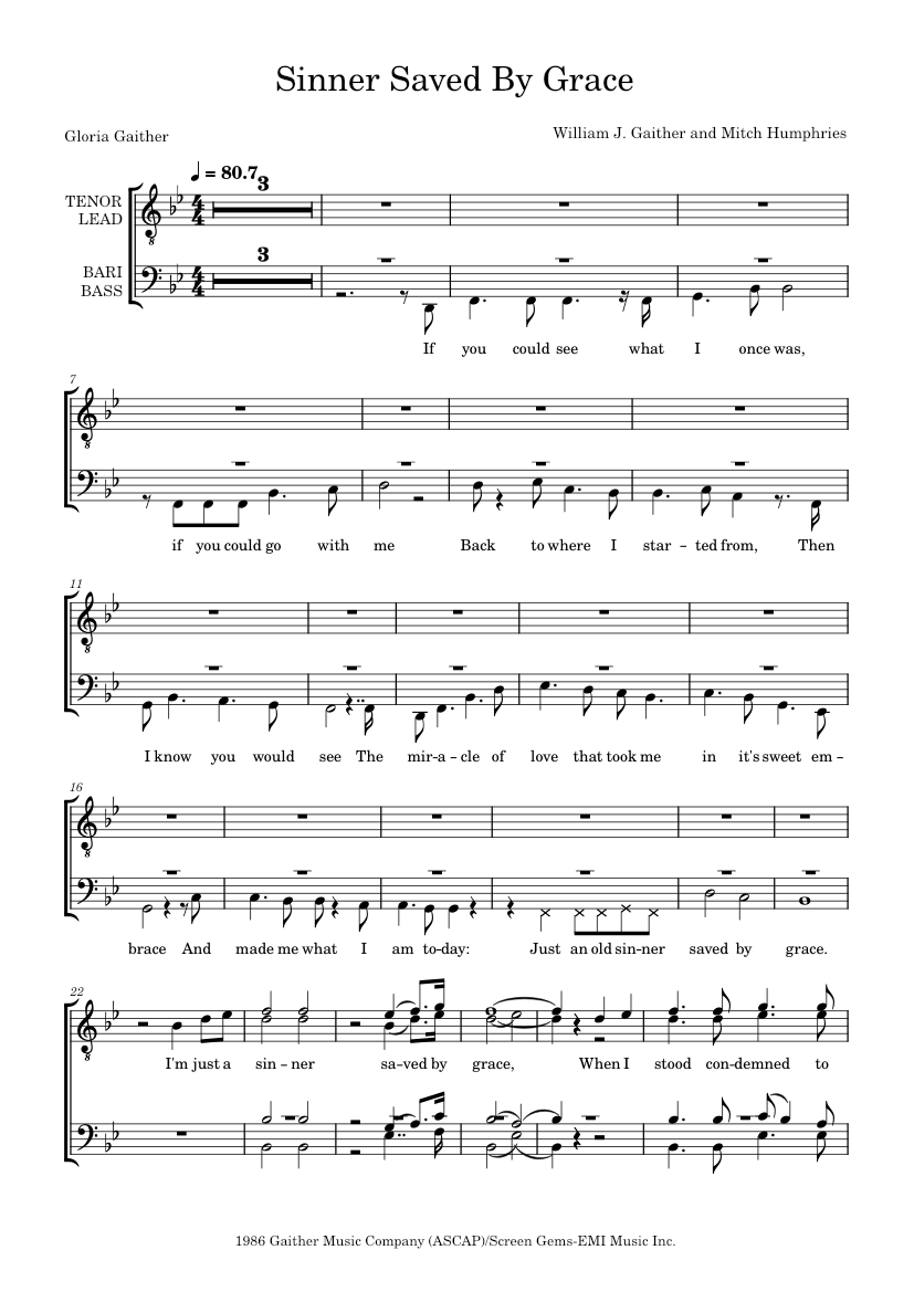 Sinner Saved By Grace – Bill & Gloria Gaither Sheet Music for Tenor ...