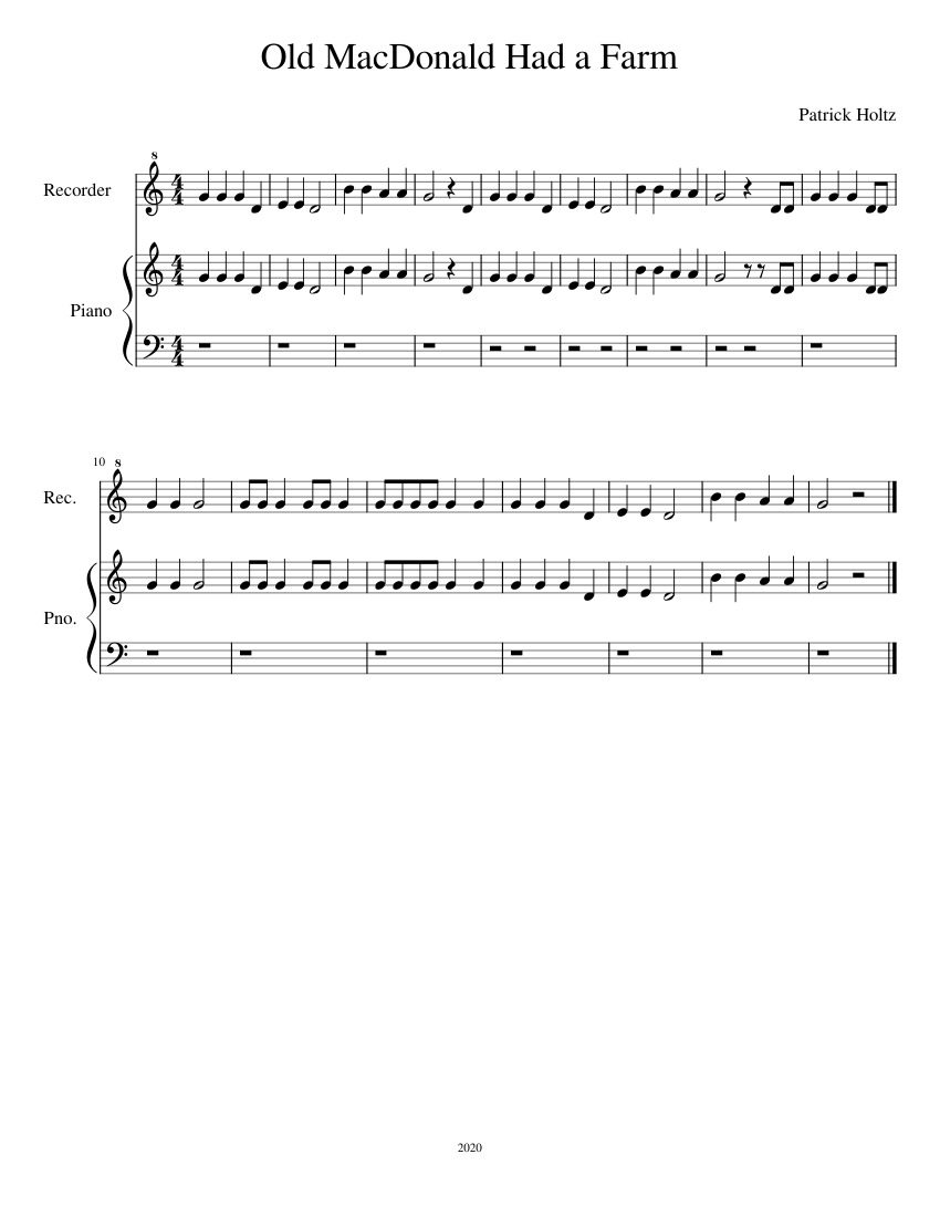 Old MacDonald Had a Farm Sheet music for Piano, Recorder (Solo ...