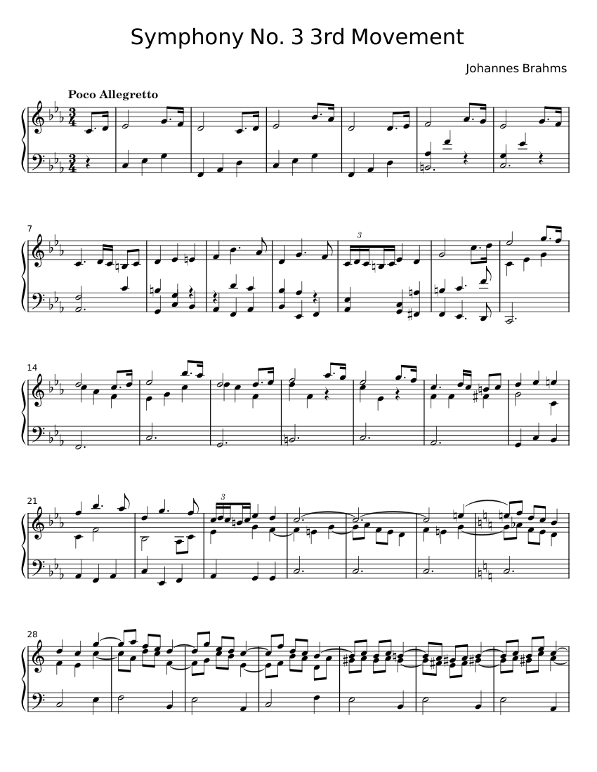 Symphony No. 3 3rd Movement - Johannes Brahms Sheet Music for Piano ...