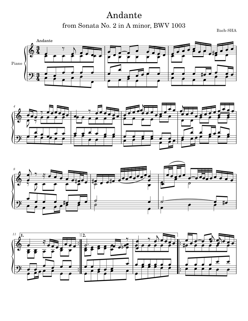 Andante from Sonata No. 2 BWV 1003 for Piano Sheet music for Piano ...