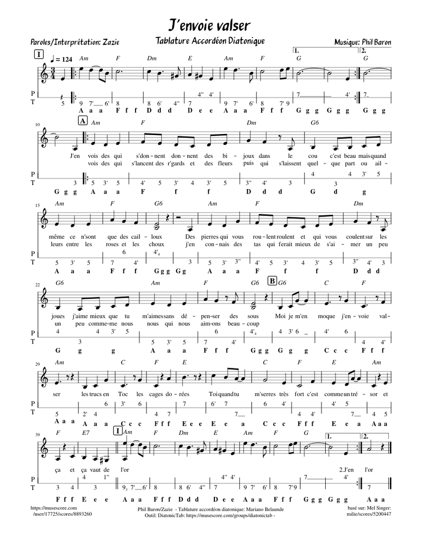 J'envoie valser - diato – Phil Baron Sheet music for Accordion (Solo) | Musescore.com