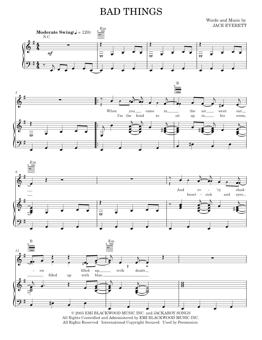 Play Official version of Bad things Sheet Music by Jace Everett for ...