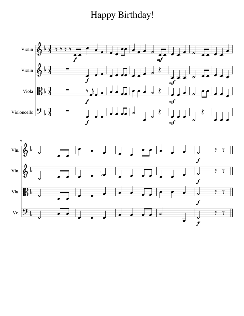 Happy Birthday! Sheet music for Violin, Viola, Cello (String Quartet ...