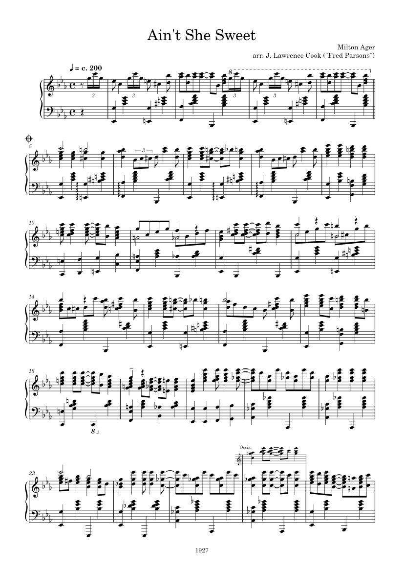 Ain't She Sweet - J. Lawrence Cook piano roll transcription Sheet music ...