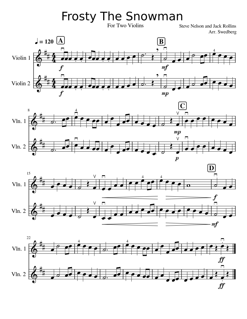 Frosty the Snowman Violin Duet Sheet Music for Violin (String Duet ...