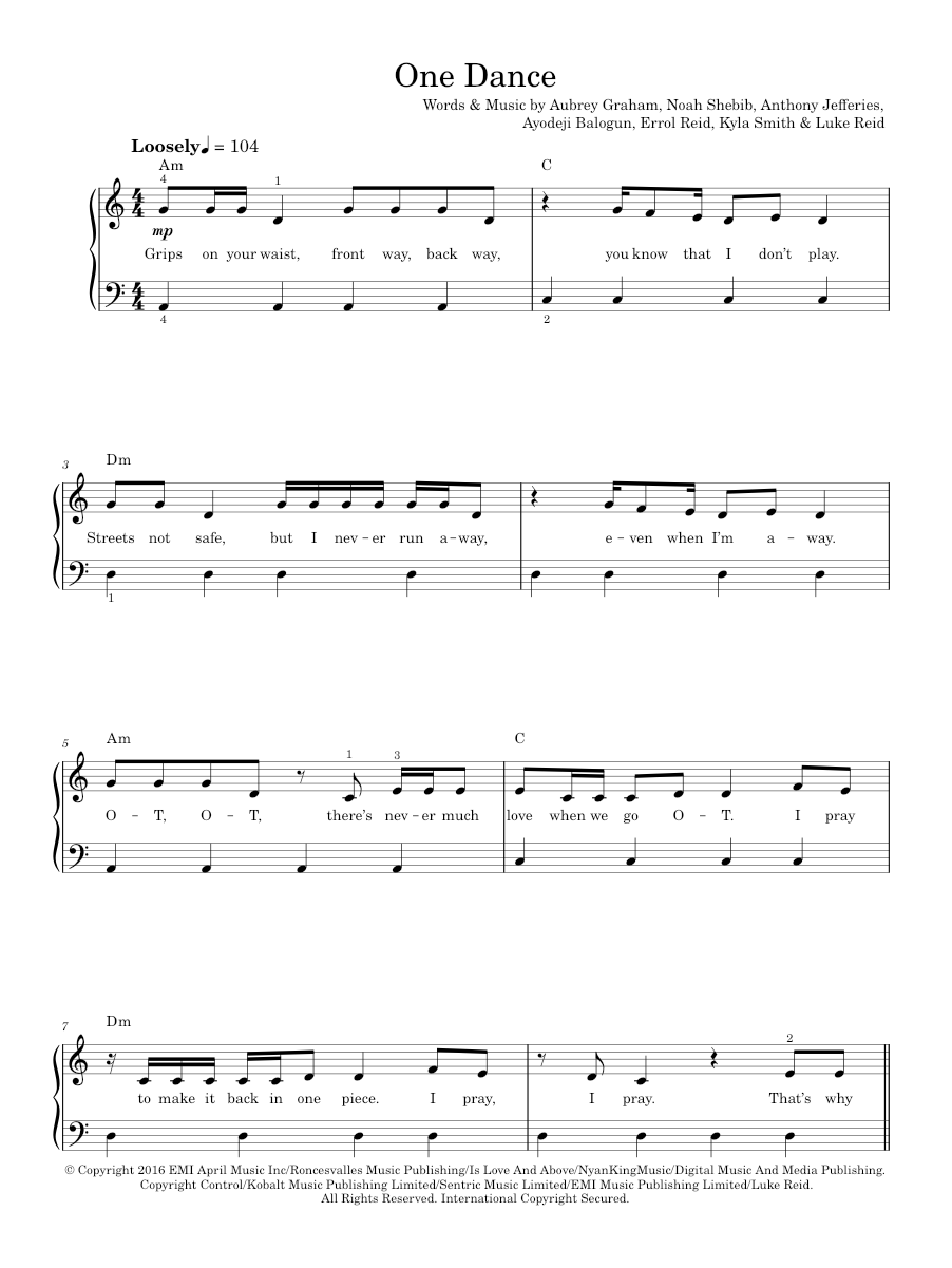 Play Official version of One dance sheet music by Drake for Piano ...