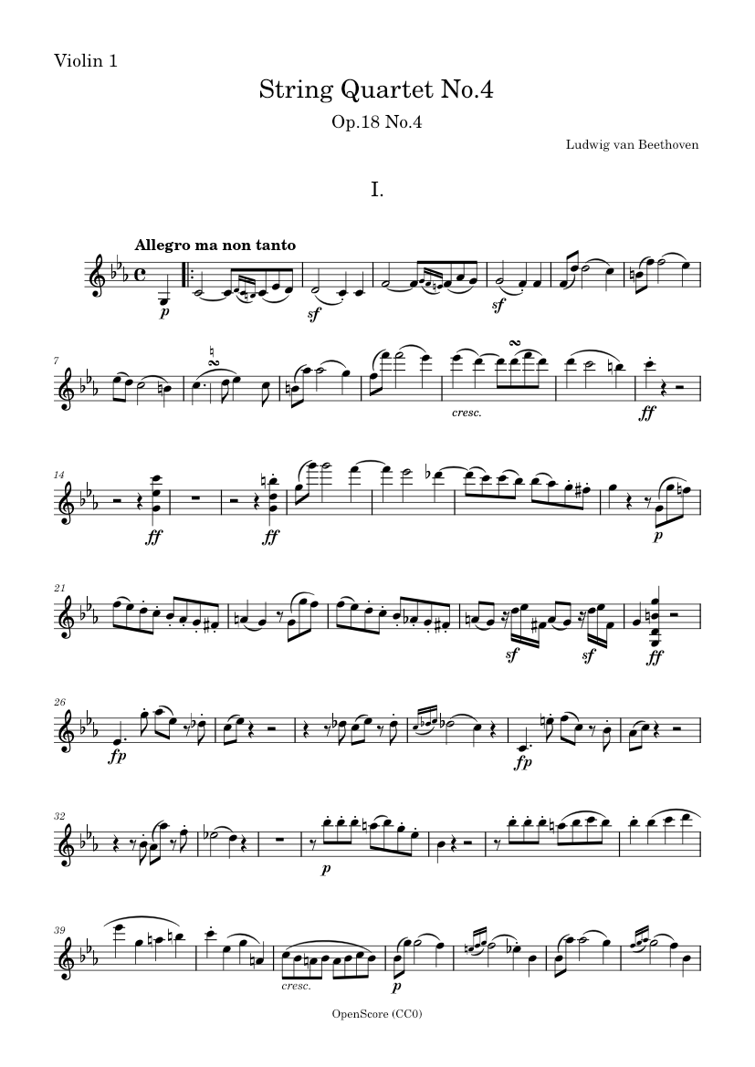 String Quartet No.4, Op.18 No.4 – Ludwig van Beethoven - Violin 1 PART Sheet music for Violin ...