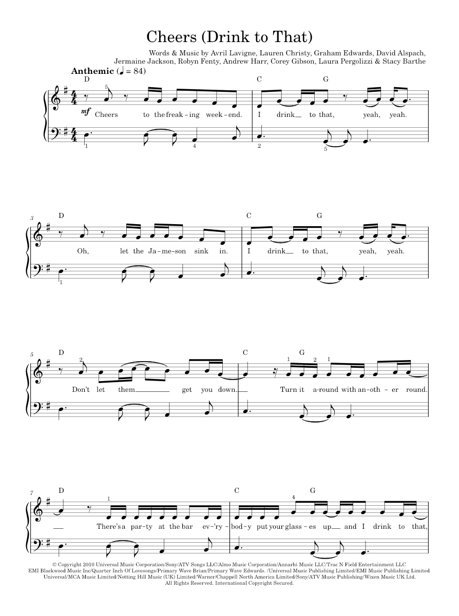 Play Official version of Cheers sheet music by Rihanna for Piano ...