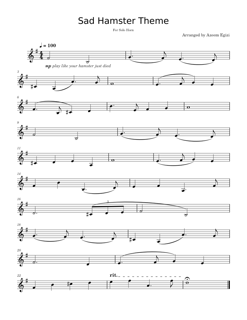 Sad hamster – Unknown author Sad Hamster Theme (For Solo Horn) Sheet ...