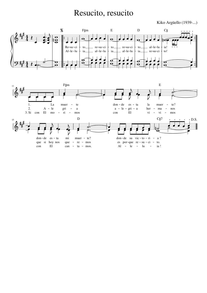 Resucitó – Kiko Argüello Sheet Music with Chords for Piano (Solo) Easy ...