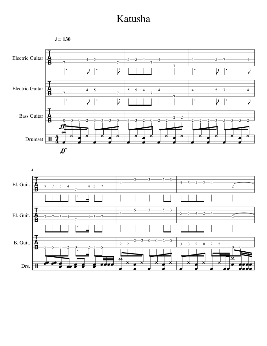 Katusha Sheet music for Guitar, Bass guitar, Drum group (Mixed Quartet ...