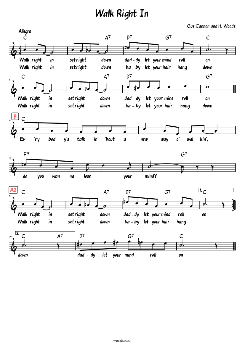 Walk Right In (Lead sheet with lyrics ) Sheet Music with Chords for ...