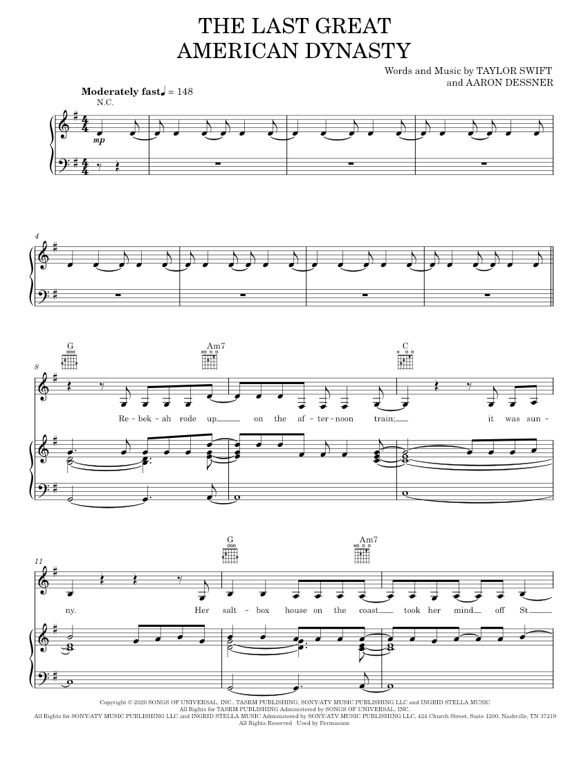 the last great american dynasty Sheet music for Piano, Vocals by Taylor ...