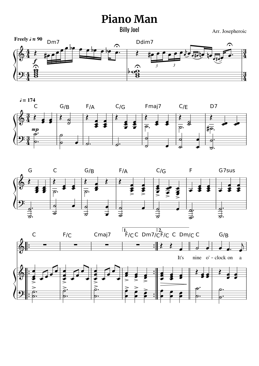 Piano Man (the original live version) Sheet Music with Chords for Piano ...