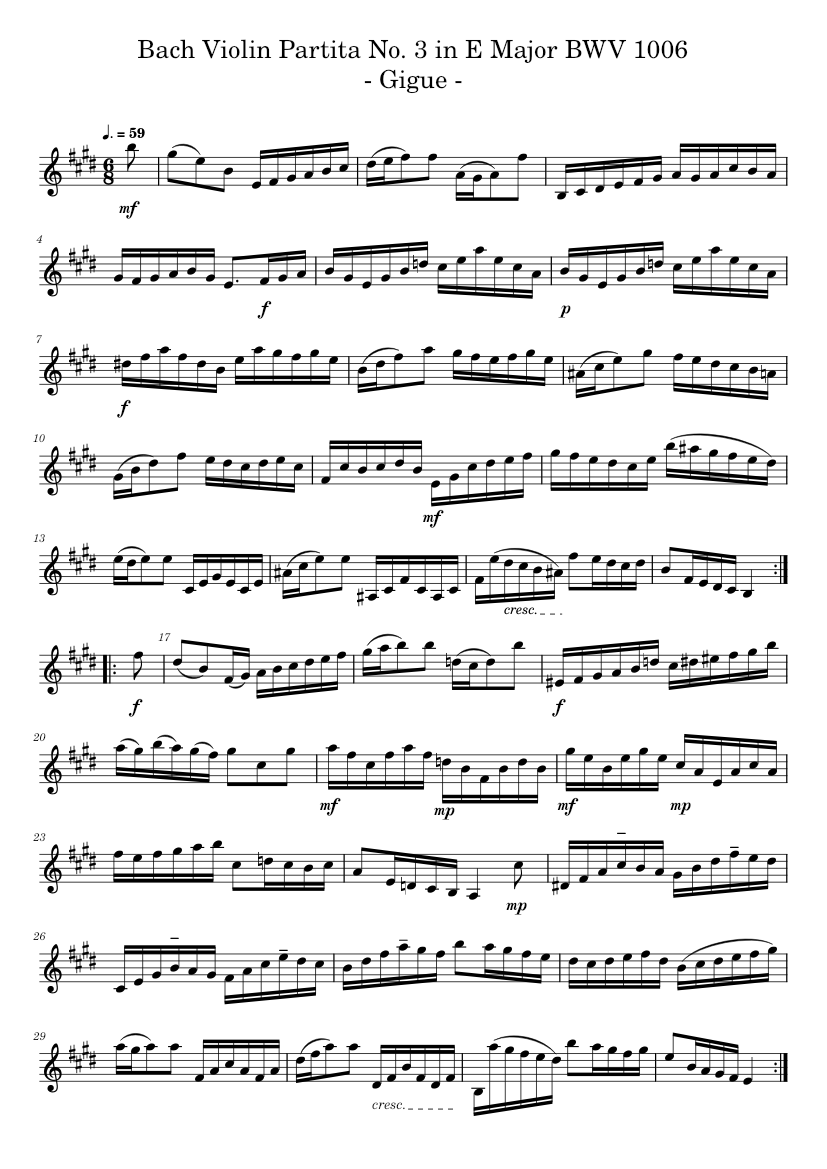 Violin Partita No. 3 in E Major BWV 1006 - Gigue - Bach Sheet Music for ...