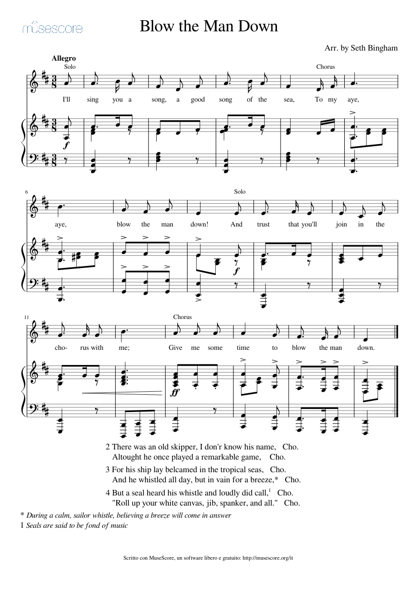 Blow the Man Down Sheet Music for Piano, Soprano (Piano-Voice ...
