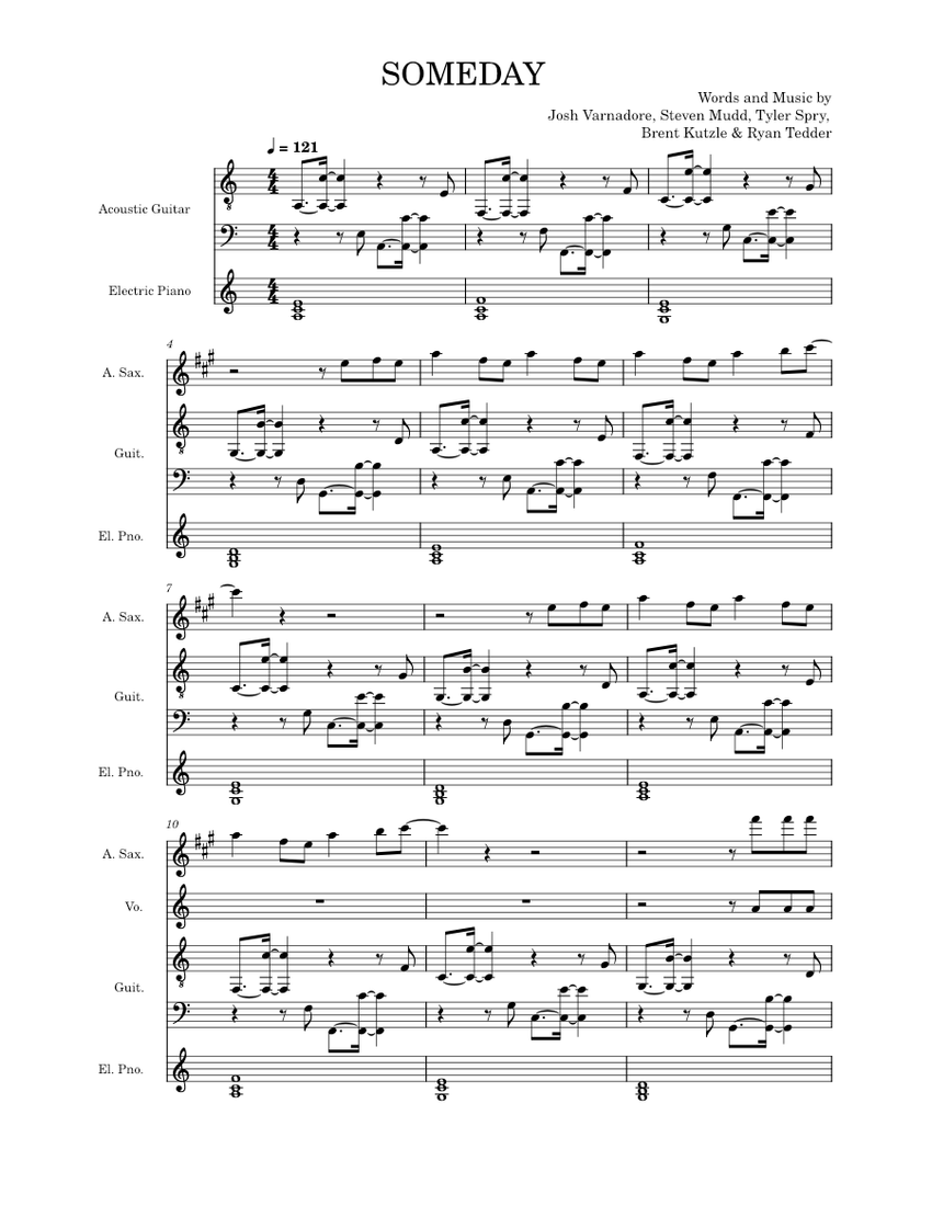 Someday - OneRepublic Sheet music for Piano, Vocals, Saxophone alto ...