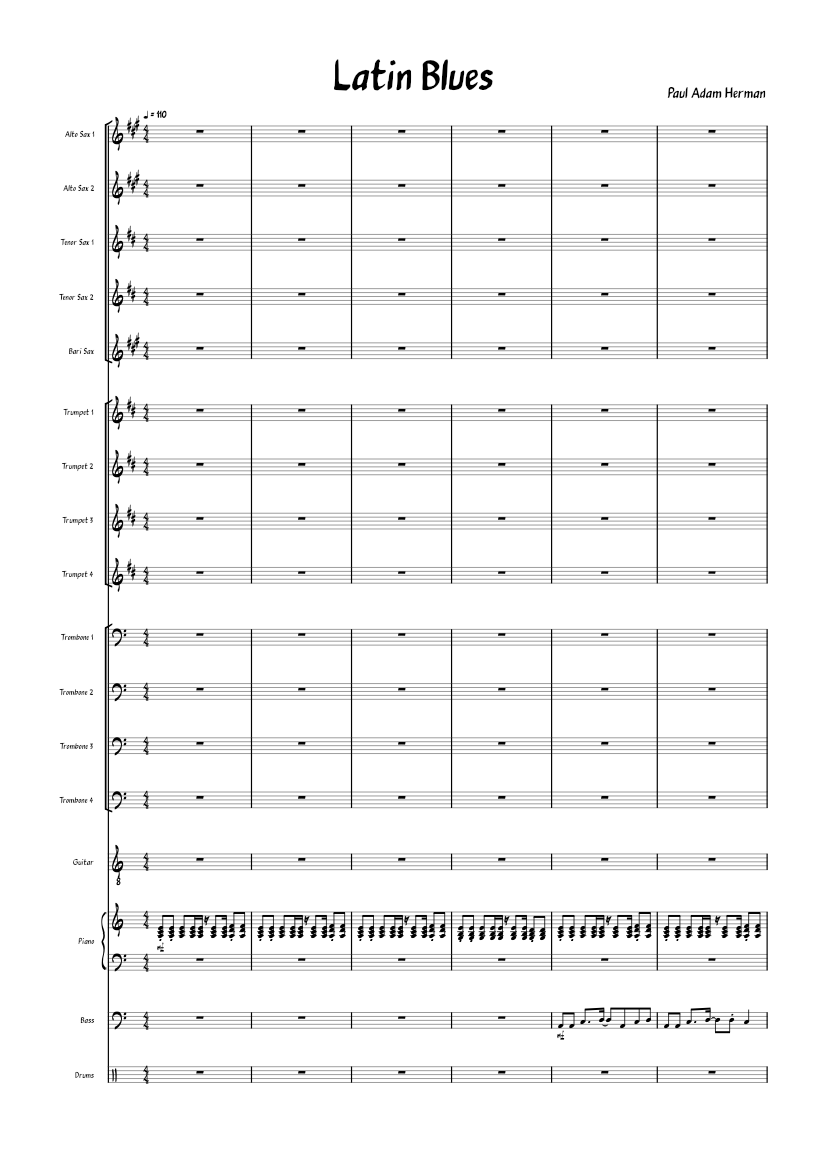 Latin Blues Sheet Music with Chords for Piano, Trombone, Saxophone alto ...