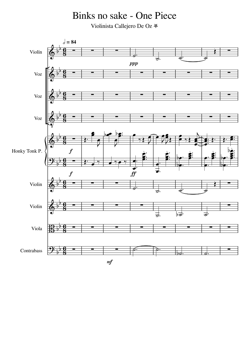 Binks no Sake - One Piece Sheet Music for Piano, Violin, Viola ...