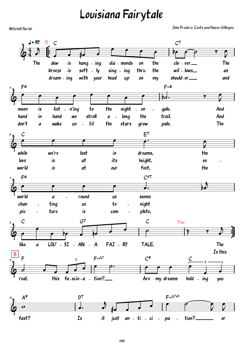 Louisiana Fairytale (Lead sheet with lyrics ) Sheet Music with Chords ...