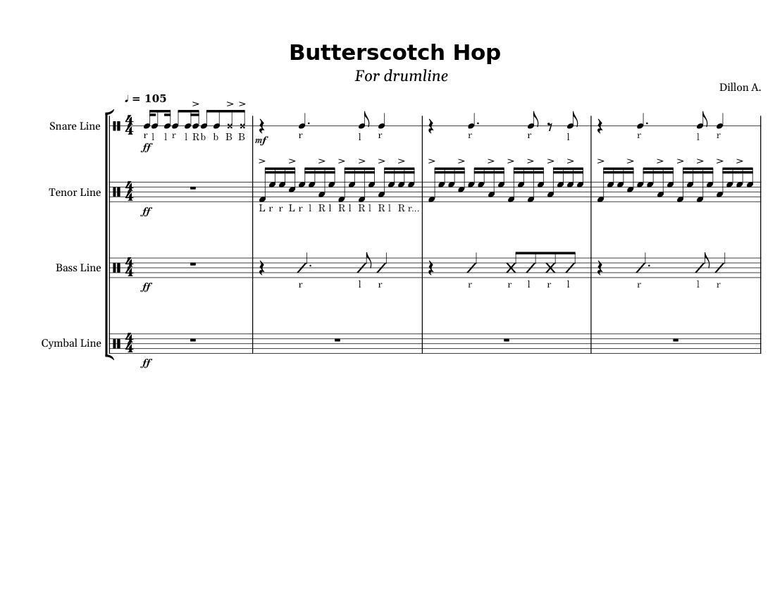 Butterscotch Hop Sheet music for Snare drum, Crash, Tenor drum, Bass ...
