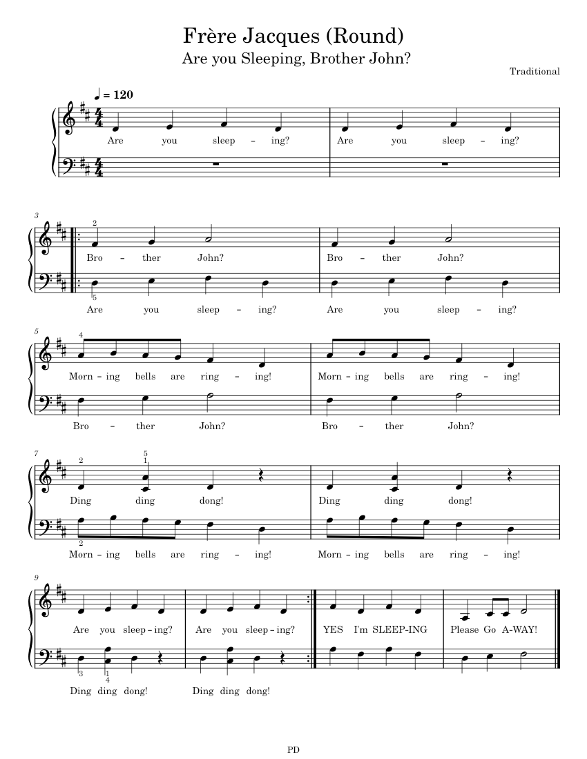 Frere jacques (Round) – Traditional Sheet Music for Piano (Piano Four ...