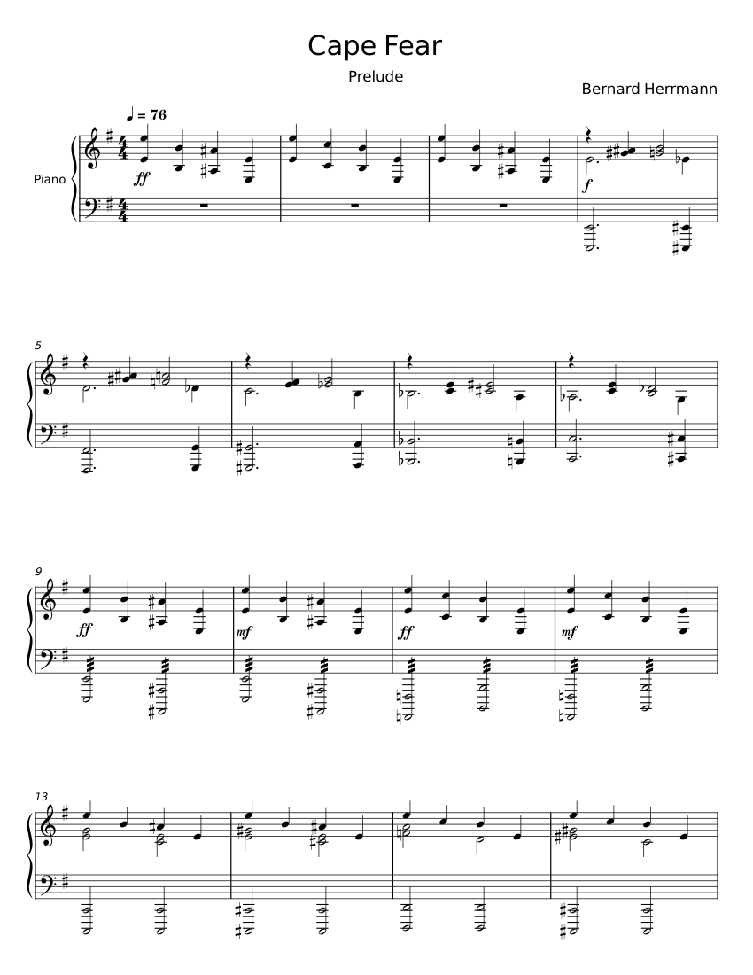 Cape Fear - Bernard Herrmann Sheet Music for Piano (Solo) easy ...