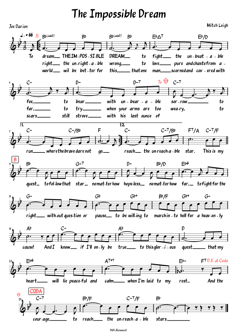 The Impossible Dream (Lead sheet with lyrics ) Sheet Music with Chords for Piano (Solo) Easy ...
