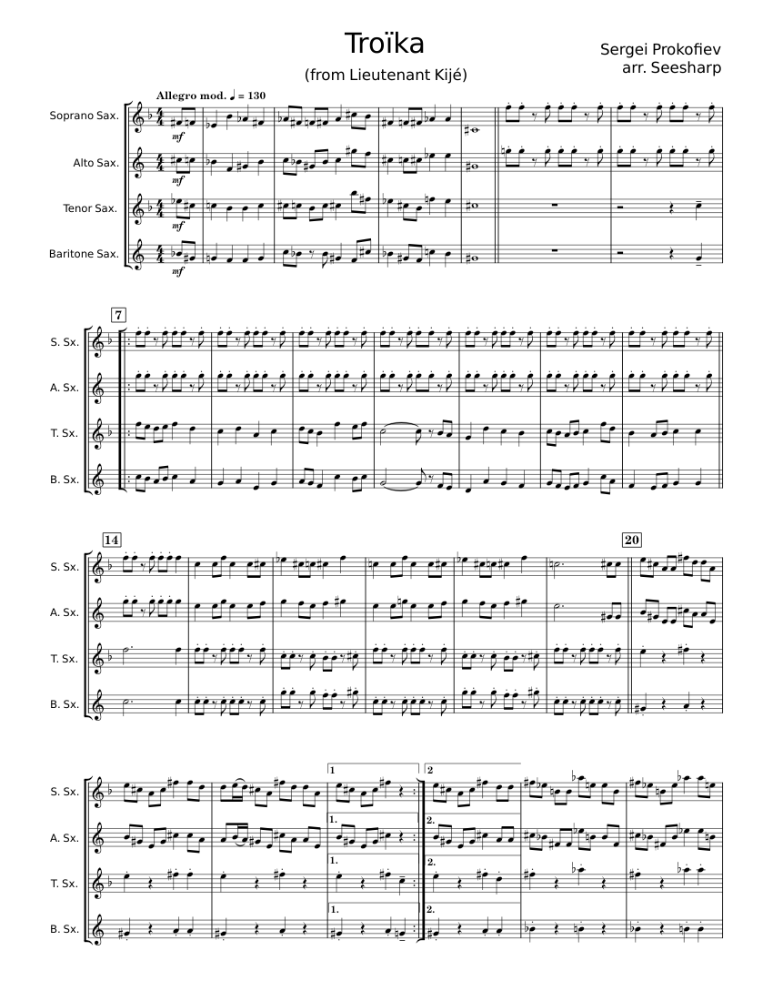 Troika - Sergei Prokofiev Sheet Music for Saxophone alto, Saxophone ...