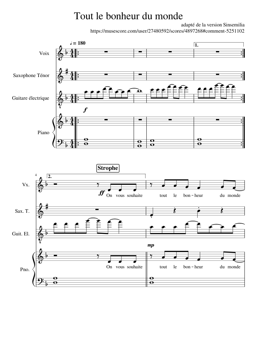 Tout_Le_bonheur_du_monde Sheet music for Piano, Vocals, Saxophone tenor ...