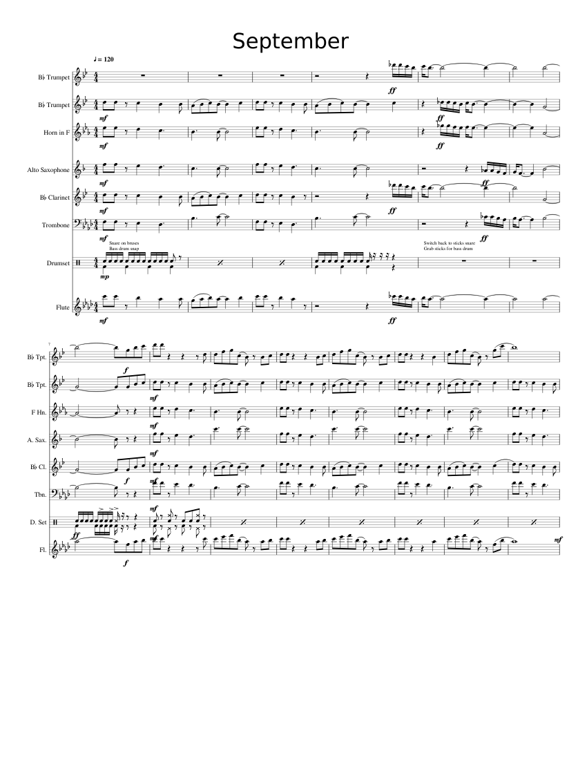 September Sheet music for Trombone, Flute, Clarinet in b-flat ...
