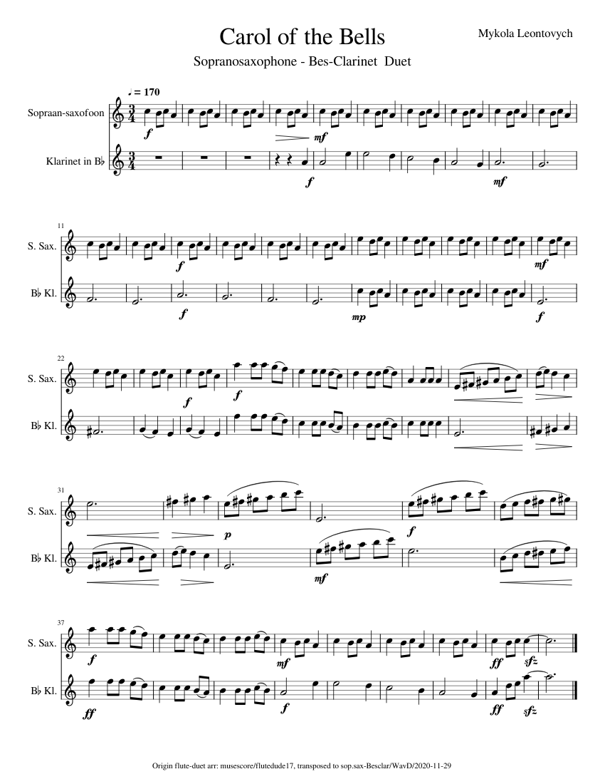 Carol of the Bells, sopranosaxophone- Bes-clarinet duet - piano tutorial
