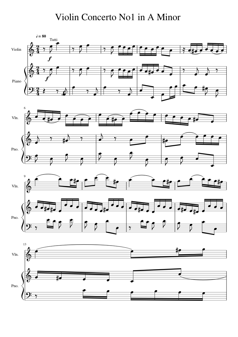 Violin Concerto No1 in A minor Sheet Music for Piano, Violin (Solo ...