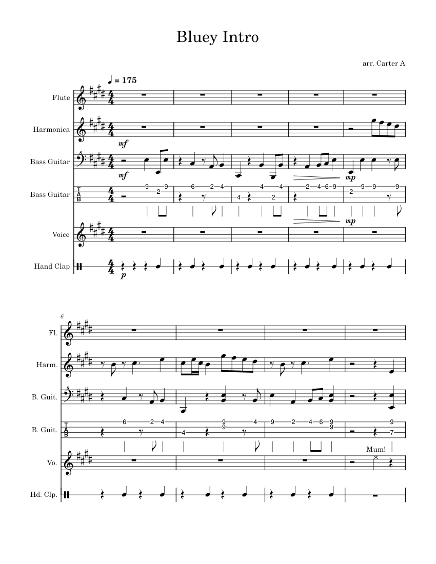 i made the bluey intro becus i was bored Sheet Music for Flute, Bass ...