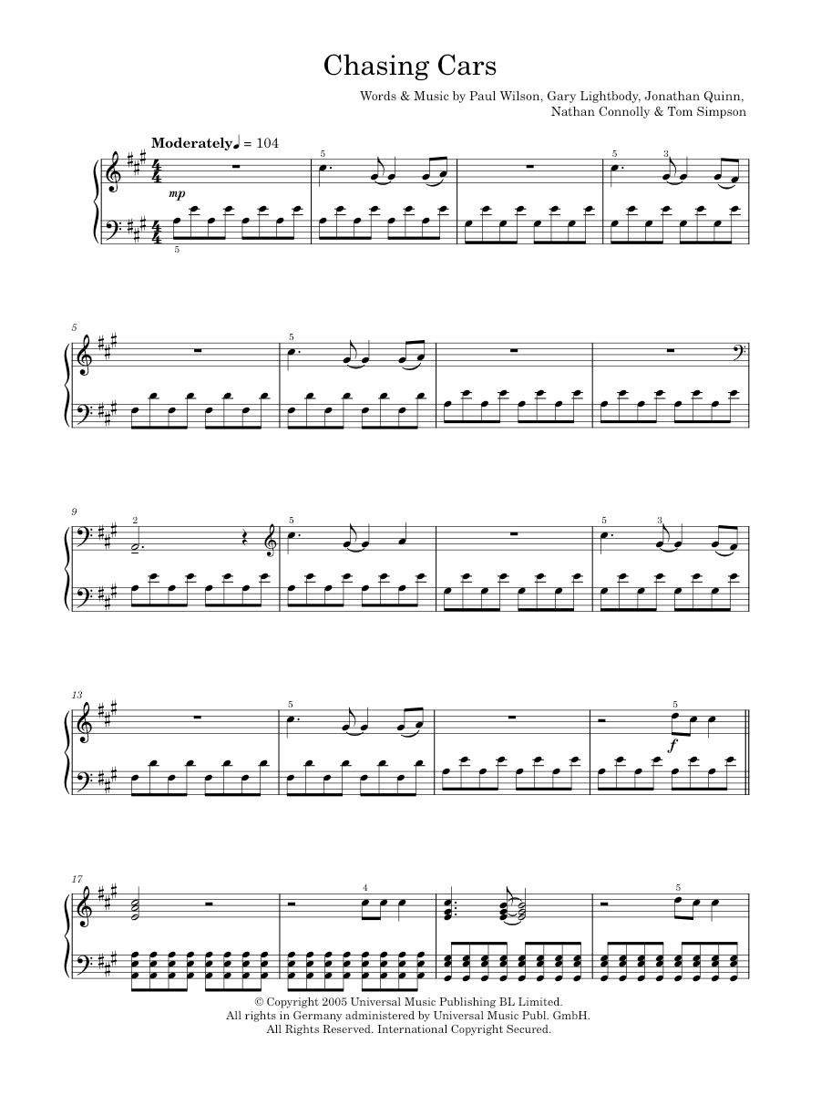 Play Official version of Chasing Cars Sheet Music by Snow Patrol for ...