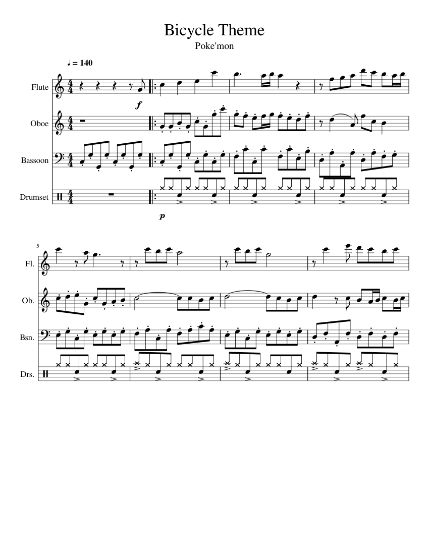 Bicycle Theme Sheet music for Flute, Oboe, Bassoon, Drum group (Mixed ...