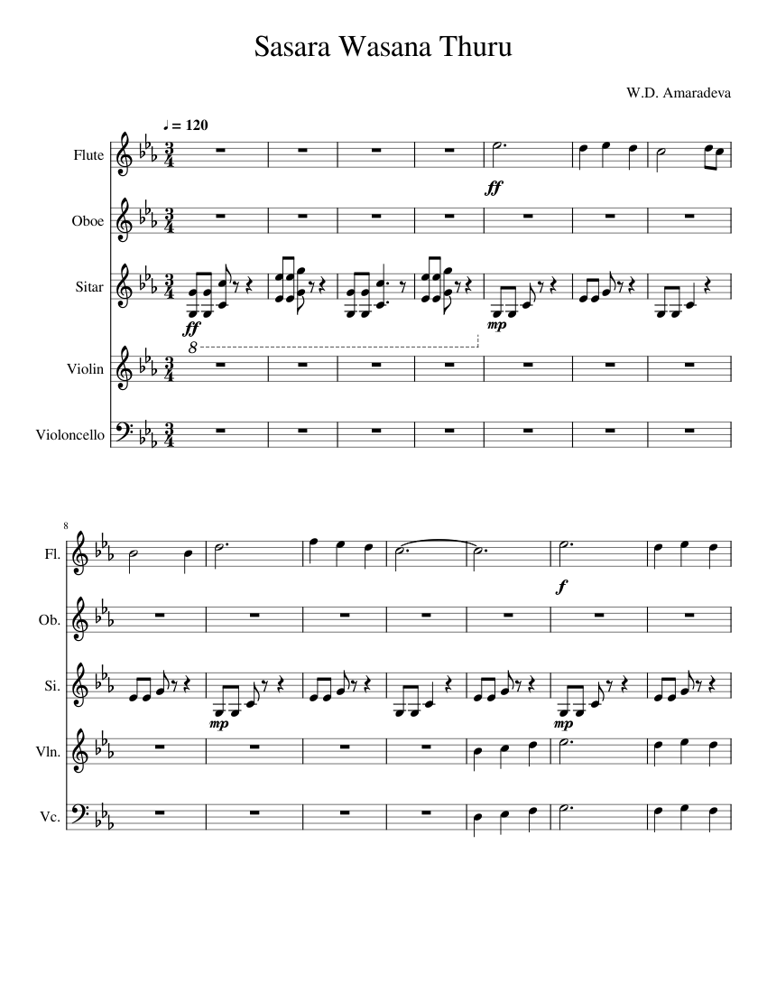 Sasara Wasana Thuru Sheet music for Flute, Oboe, Violin, Cello & more ...