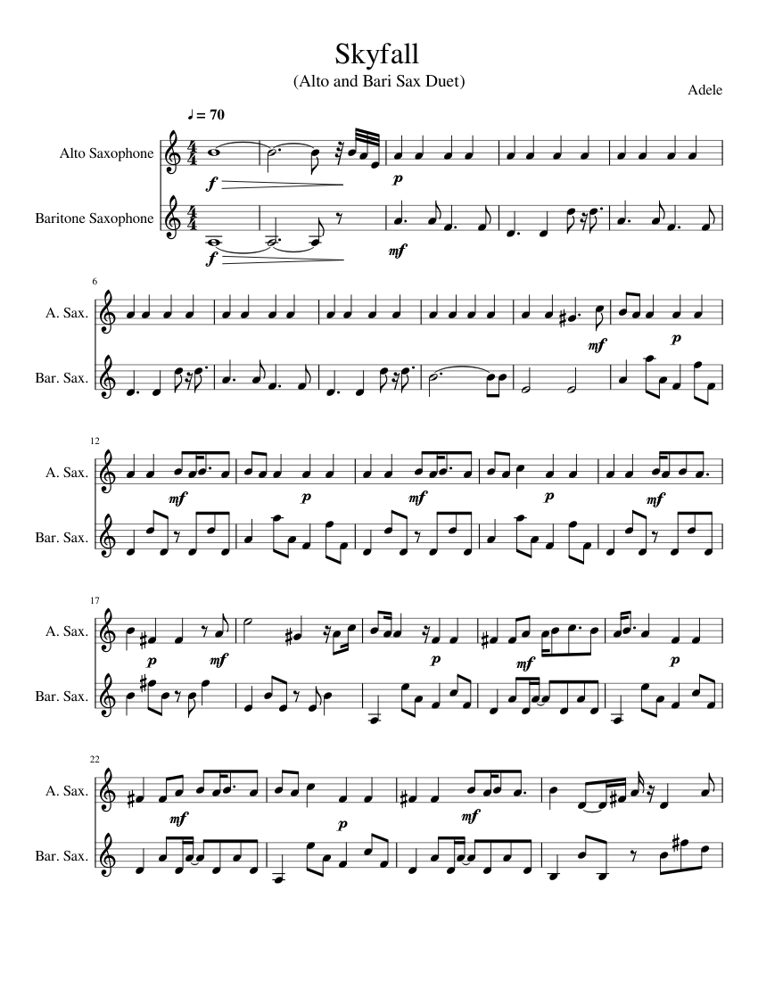 Skyfall Sheet music for Saxophone (Alto), Saxophone (Baritone ...