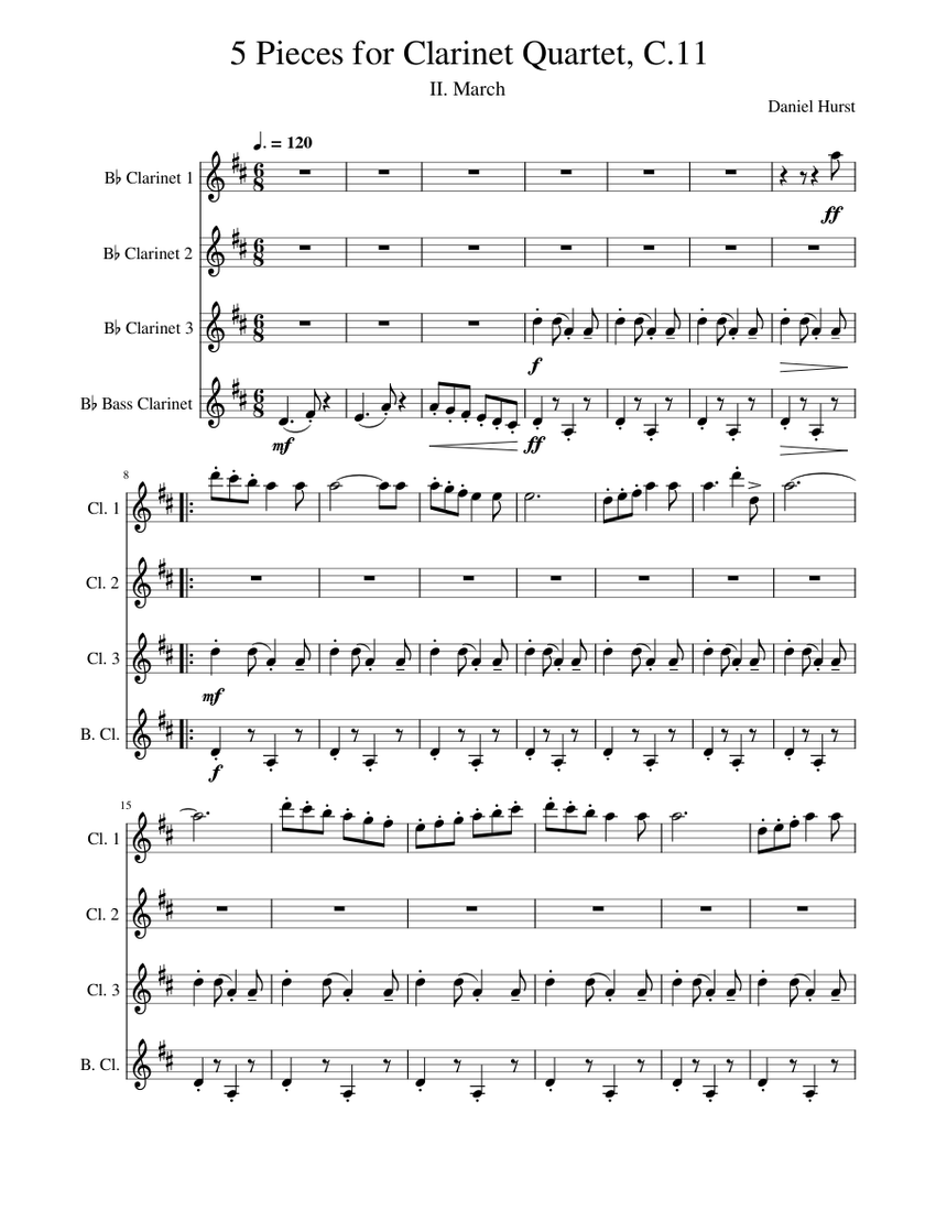 5 Pieces for Clarinet Quartet - Mvt. 2 Sheet music for Clarinet in b ...