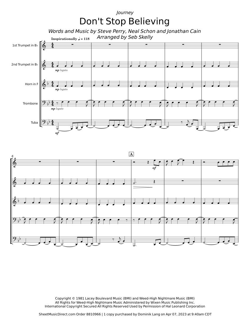 Don't Stop Believin' - Journey Sheet music for Trombone, Tuba, French horn, Trumpet other (Brass ...