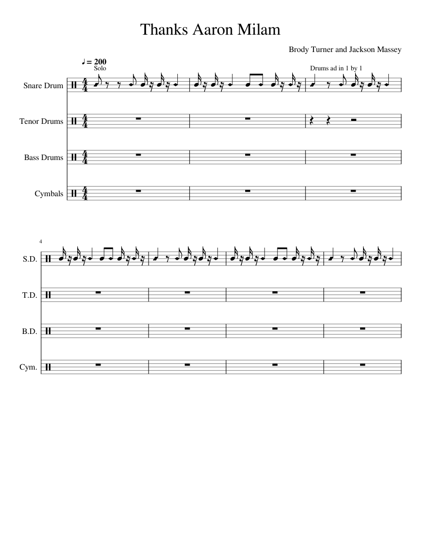Thanks Aaron Milam Sheet music for Snare Drum, Bass Drum, Crash, Tenor ...