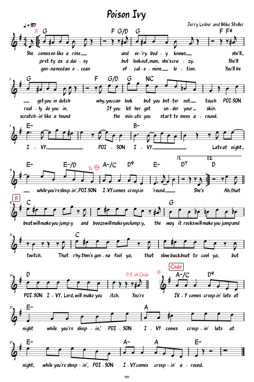Poison Ivy (Lead sheet with lyrics ) Sheet Music for Piano (Solo) Easy ...