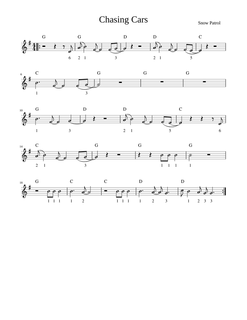 Chasing Cars – Snow Patrol Chasing Cars- Leadsheet- Soprano Recorder ...