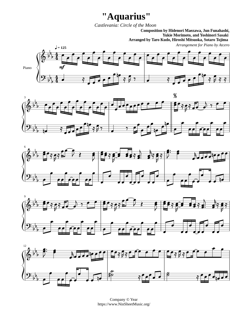 Aquarius – Castlevania: Circle of the Moon Sheet music for Piano (Solo ...