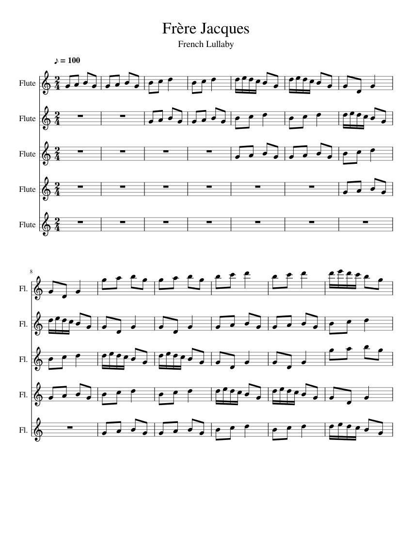 Frère Jacques: Flute Round Sheet Music for Flute (Mixed Quintet ...