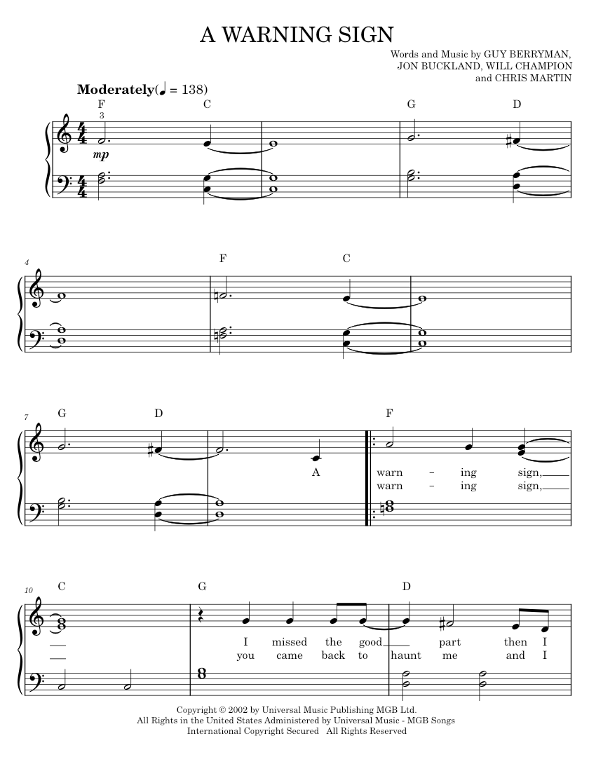 warning sign Sheet music for Piano by Coldplay Official | MuseScore.com