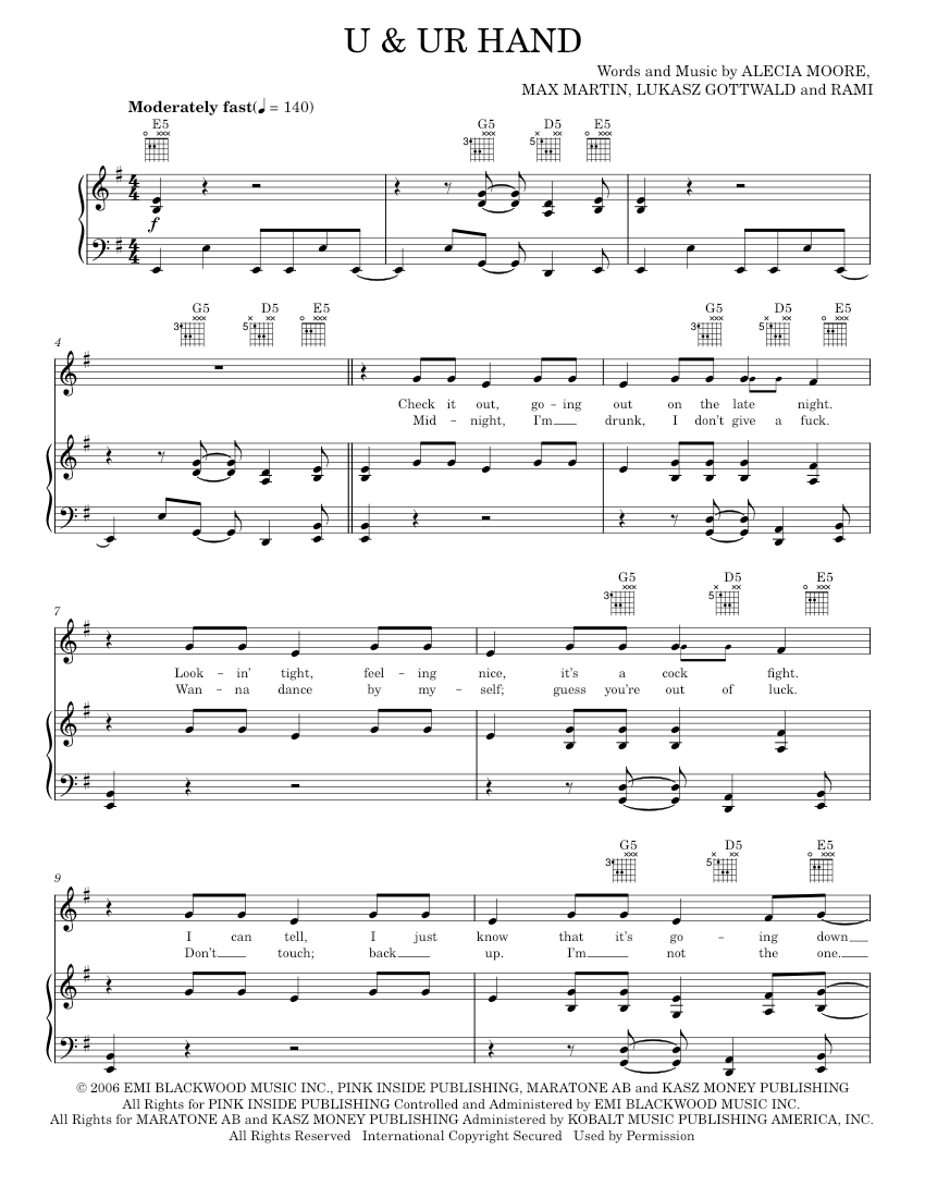 u and ur hand Sheet music for Piano, Vocals by P!nk Official ...