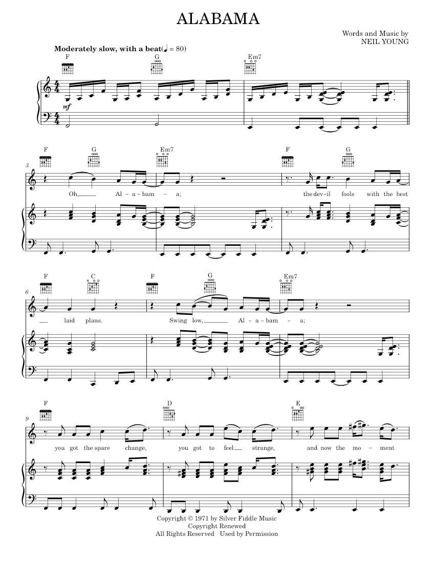 Play Official version of Alabama Sheet Music by Neil Young for Piano ...