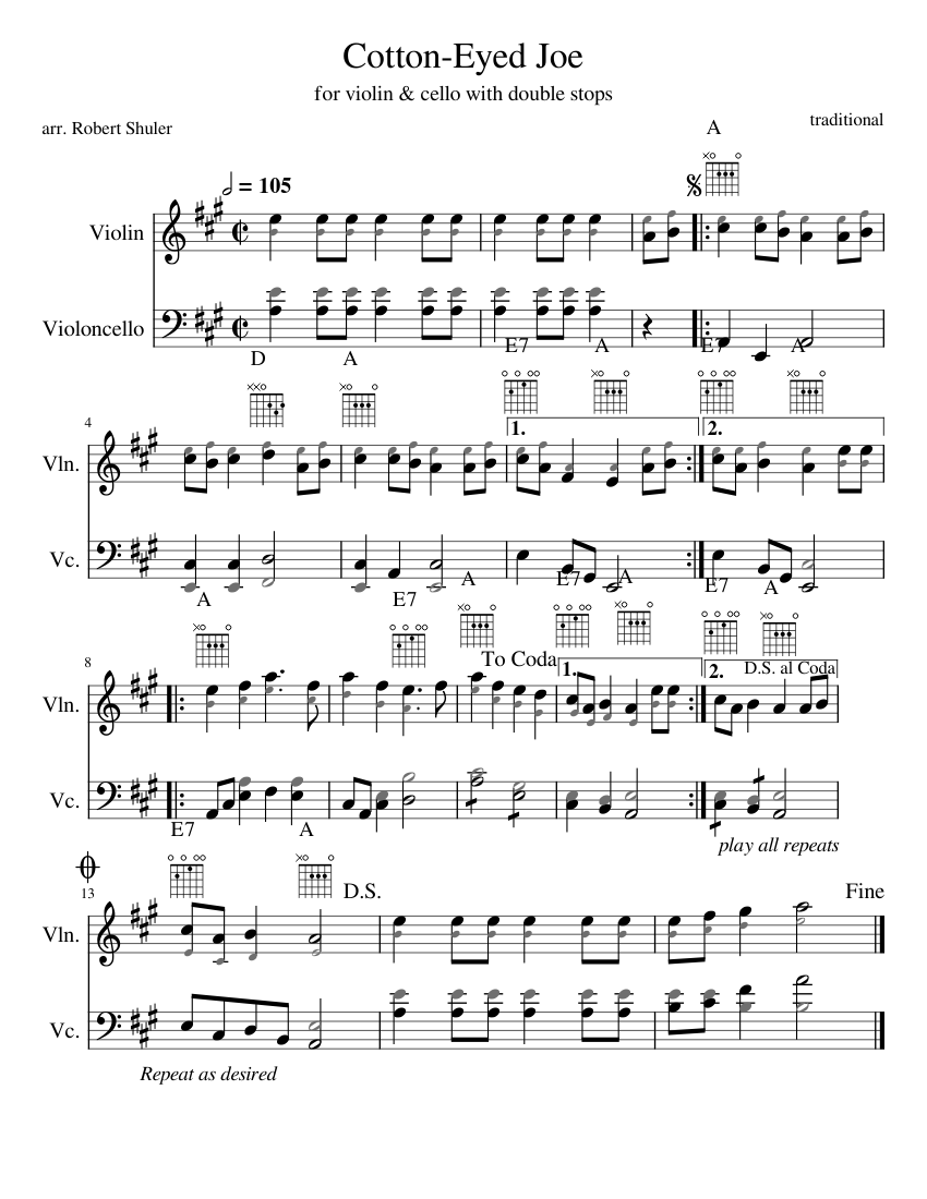 Cotton-eyed Joe – Misc tunes Sheet music for Violin, Cello (String Duet ...